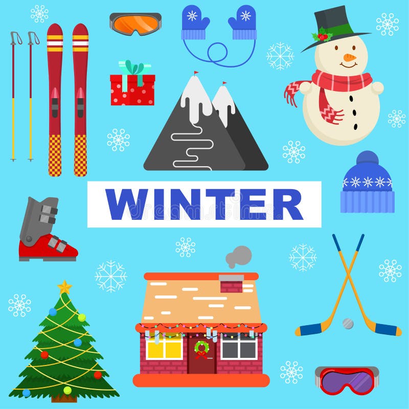 Winter Objects on Blue Background Stock Vector - Illustration of ...