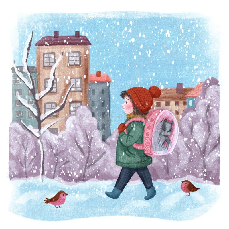 Wintery Scene with Little Girl Walking Stock Illustration ...