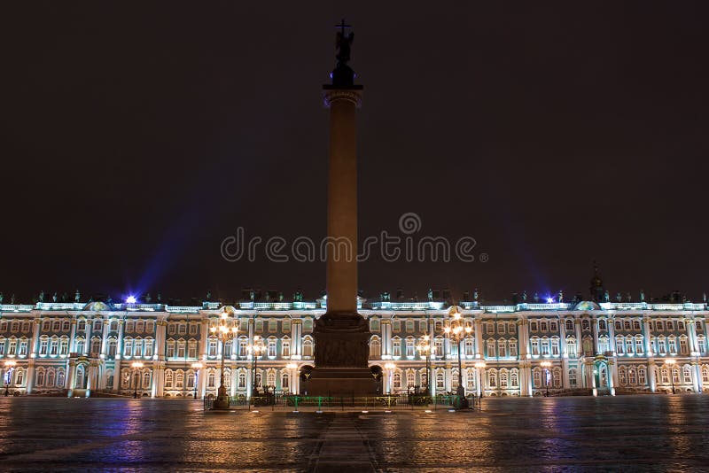 The Alexander Column in St. Petersburg, Russia, in Rays of Festive ...