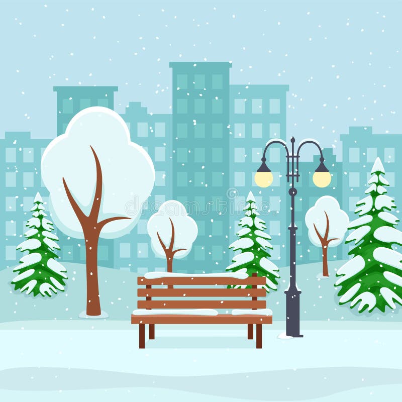 Winter Park with Bench, Trees and Lantern. Vector Illustration Stock ...