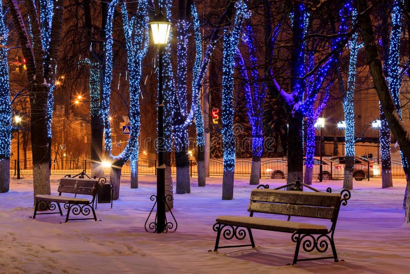 Winter park at night stock image. Image of evening, garlands - 186993227