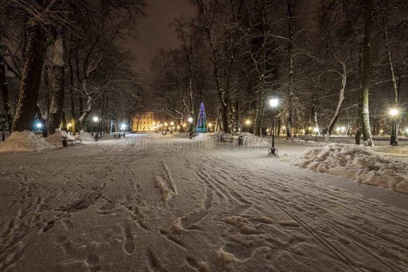 Winter Park at Night with Lanterns, View To Road with Car Motion ...