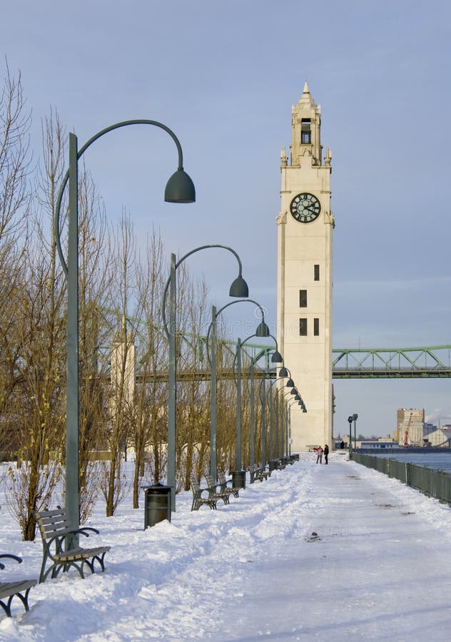 Winter Park by River Clock Tower Snow Montreal Stock Photo - Image of ...