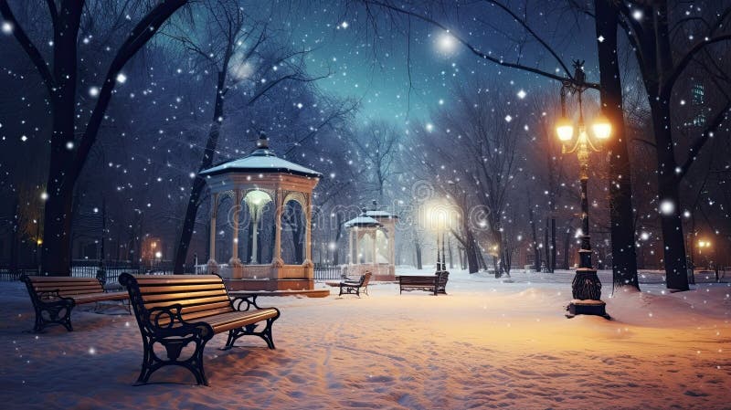 Winter Park. Snowy Paths, Trees and the Night Sky Stock Image - Image ...