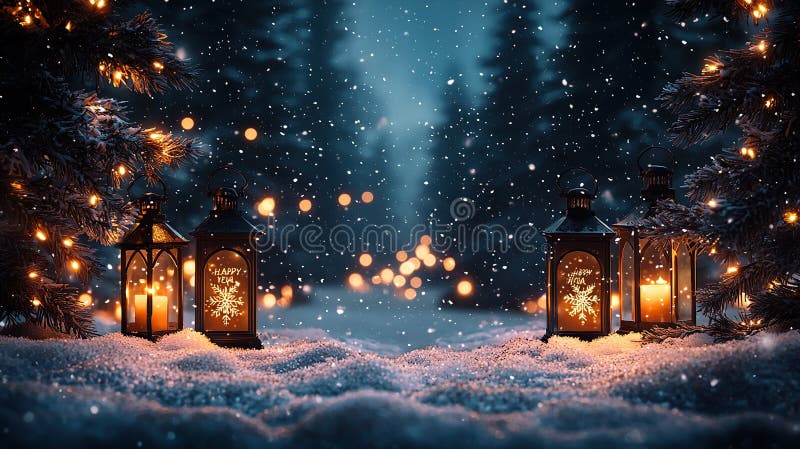 Winter Path Illuminated by Lanterns in Snowy Forest at Night Stock ...