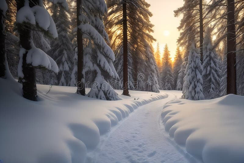 Winter Path through Snowy Trees Stock Illustration - Illustration of ...