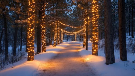 Winter Pathway Illuminated with Twinkling Lights Stock Illustration ...