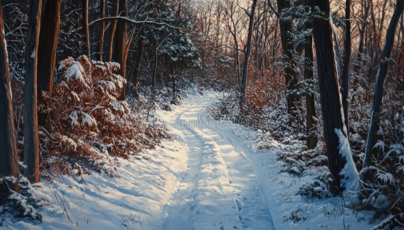 Winter Pathway through Snow-covered Forest at Dawn Stock Image - Image ...