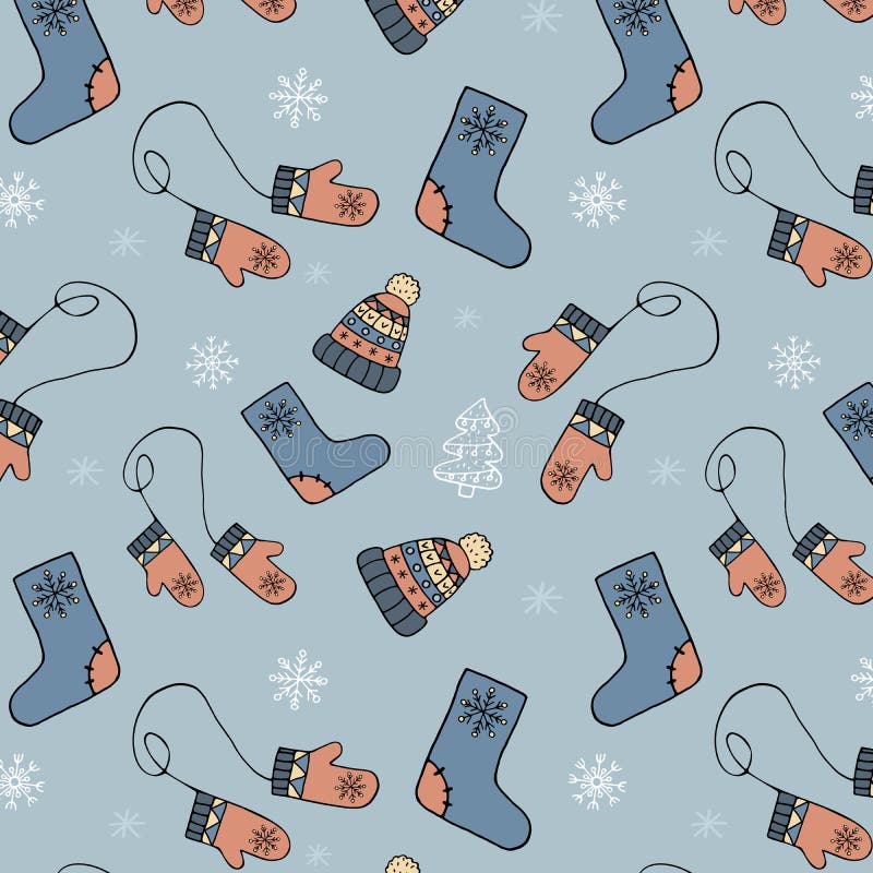 Winter Pattern with Warm Clothes. Hand Drawn Illustration Stock Vector - Illustration of holly ...