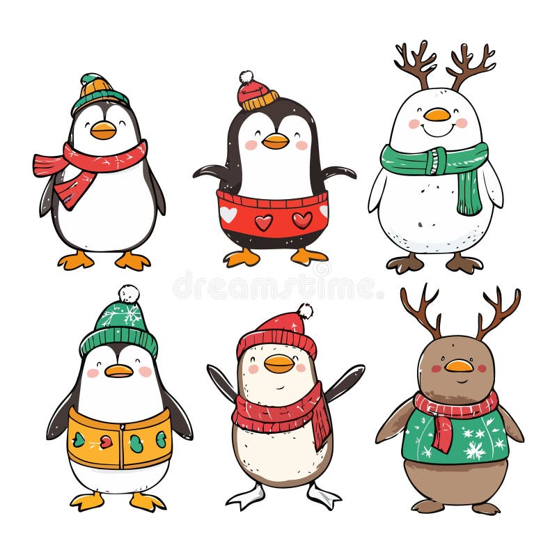 Winter Penguins and Reindeer Set. Stock Illustration - Illustration of ...