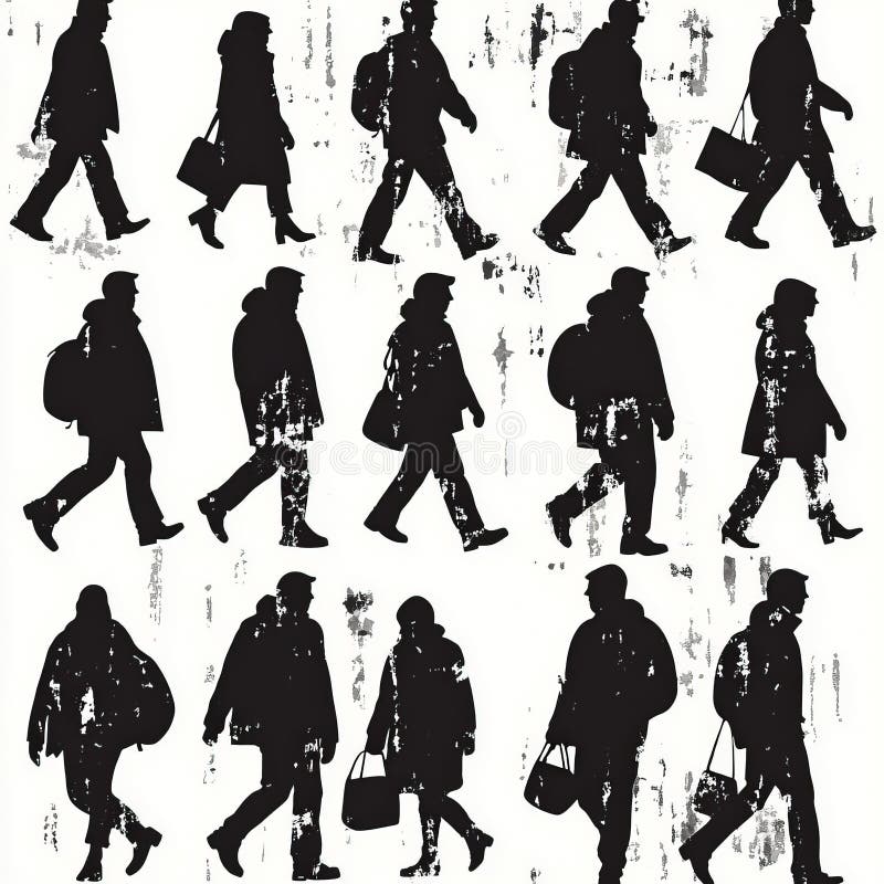 Winter People Silhouettes , Black and White Illustration Isolated on ...