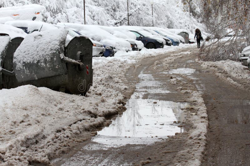 People Walk on Uncleaned Sidewalk, Slippery and Icy Sidewalk Stock ...