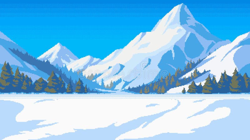 Winter Pixel Art, Mountain Landscape in 8-bit Retro Video Game Style ...