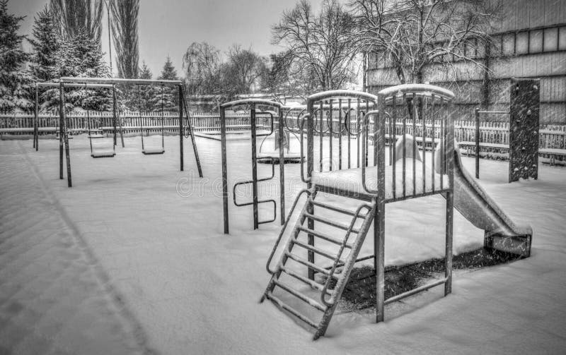 Winter Playground in Black and White Stock Image - Image of equipment ...