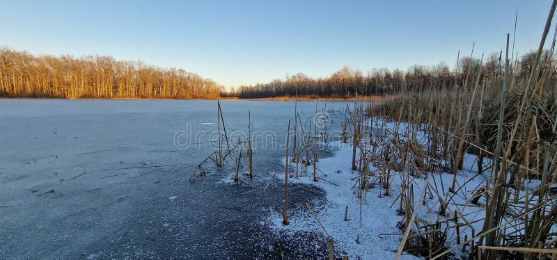Winter Pond Scenery and Ice Skating Stock Image - Image of frosty ...