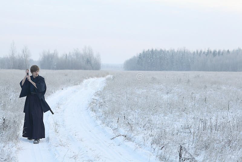 Winter Portrait Japanese Ninja Stock Photo - Image of field, black ...