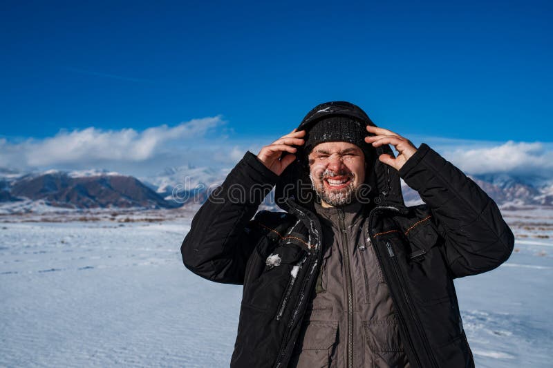 Winter Portrait of Man with Snow on His Face Stock Photo - Image of ...