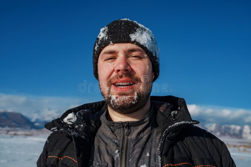 Winter Portrait of Man with Snow on His Face Stock Image - Image of ...