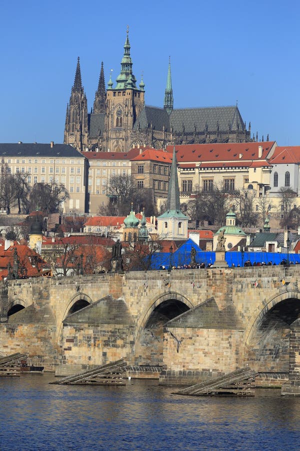 Winter Prague Gothic Castle with Charles Bridge Stock Image - Image of ...