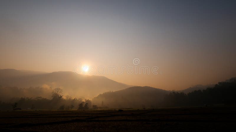 During the Winter of the Rice Fields Behind the Sunrise Stock Image ...
