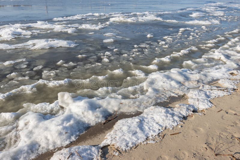 Winter River Bank with Frozen Water. Frozen River Bank Stock Image ...