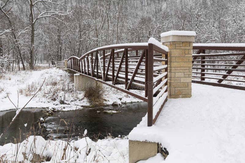 Winter River & Bridge Scenic Stock Image - Image of footbridge, forest ...