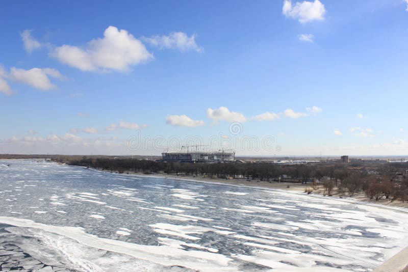 Winter River Covered with Ice with Blue Cloudy Sky Stock Image - Image ...