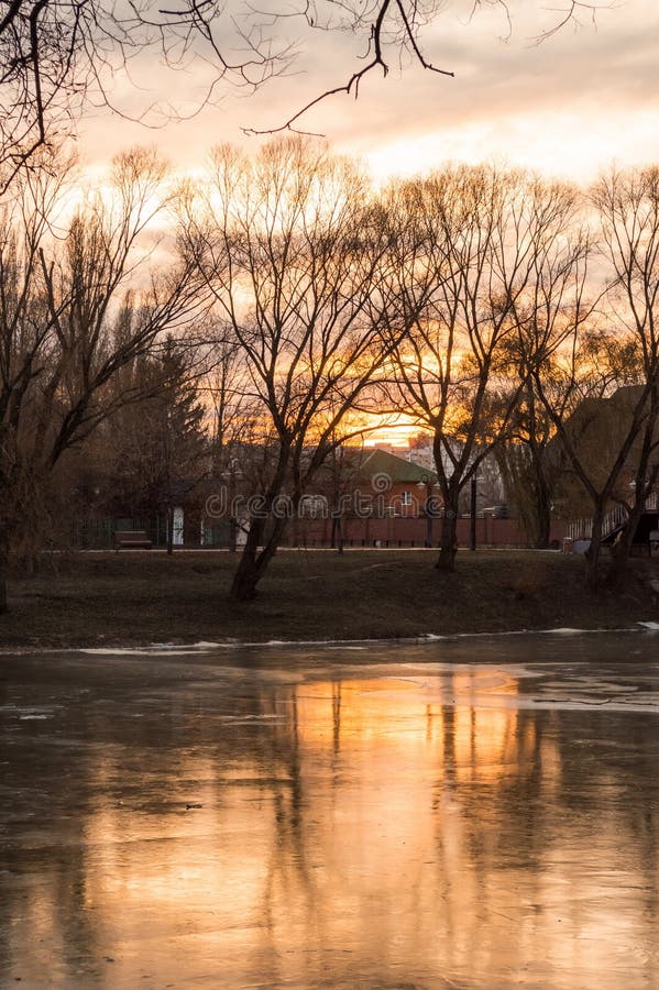 Winter River Evening Landscape, Sunset Reflection in River Ice Stock ...
