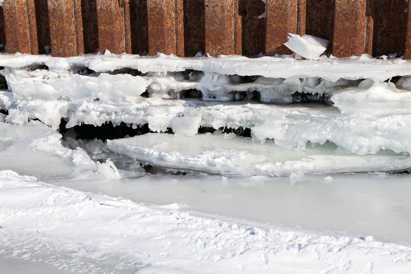 Winter River Mooring with Ice and Snow Melt Water Stock Photo - Image ...