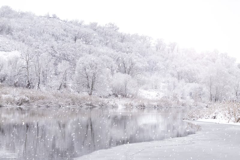 Winter River in a Snowy Forest in the Rays of the Sun and Falling Snow ...