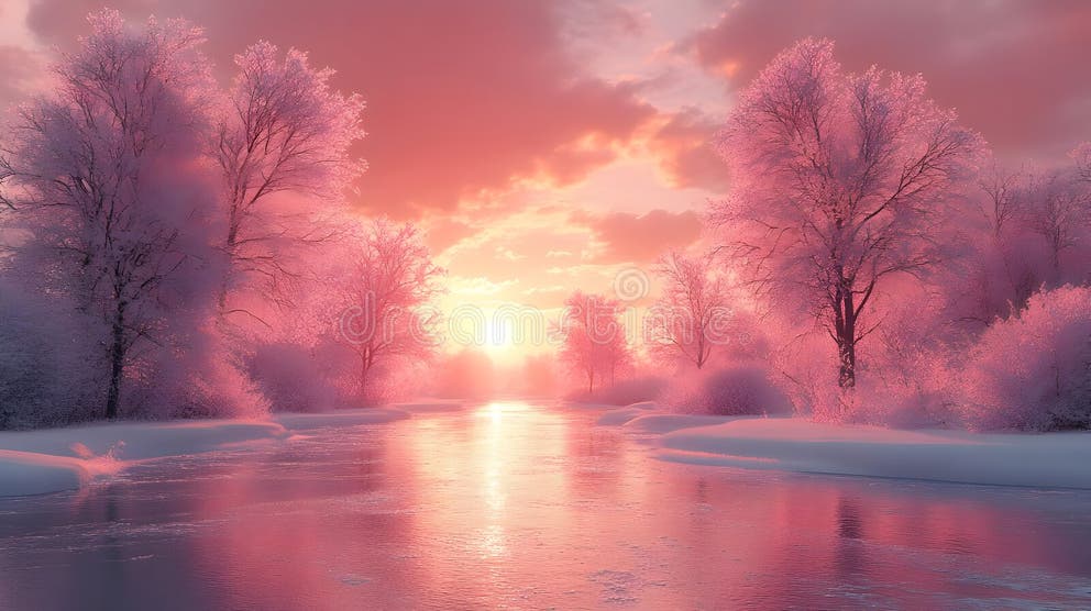 Winter River Sunset stock illustration. Illustration of cold - 353362186