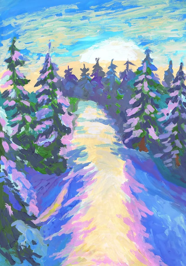 Winter Road in Coniferous Forest at Sunrise. Children S Drawing Stock ...