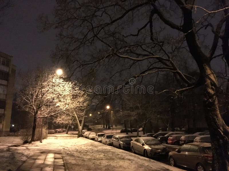 Winter road stock image. Image of snowing, lamp, road - 191674765