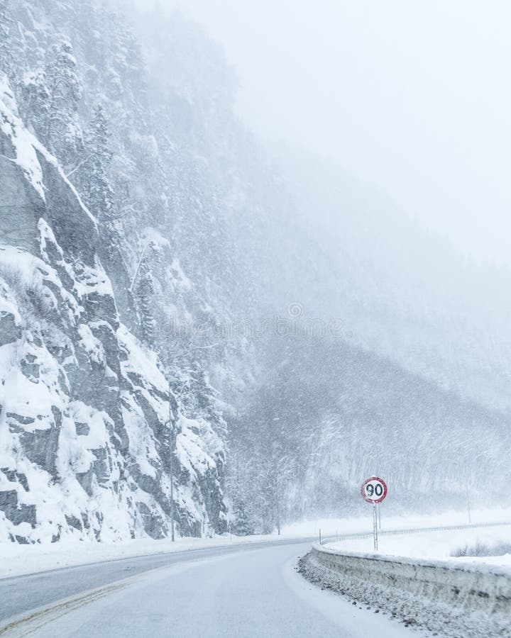 Winter road stock photo. Image of speed, snowy, sign - 64665346