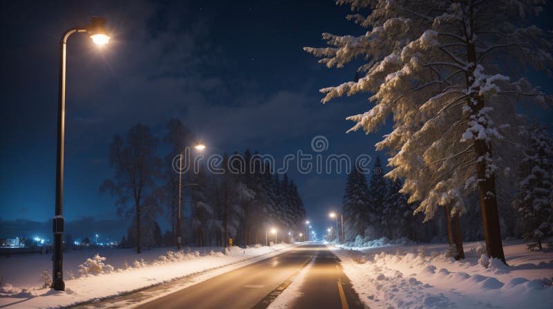 Winter Road at Night Lit by Street Lamp. Stock Illustration ...