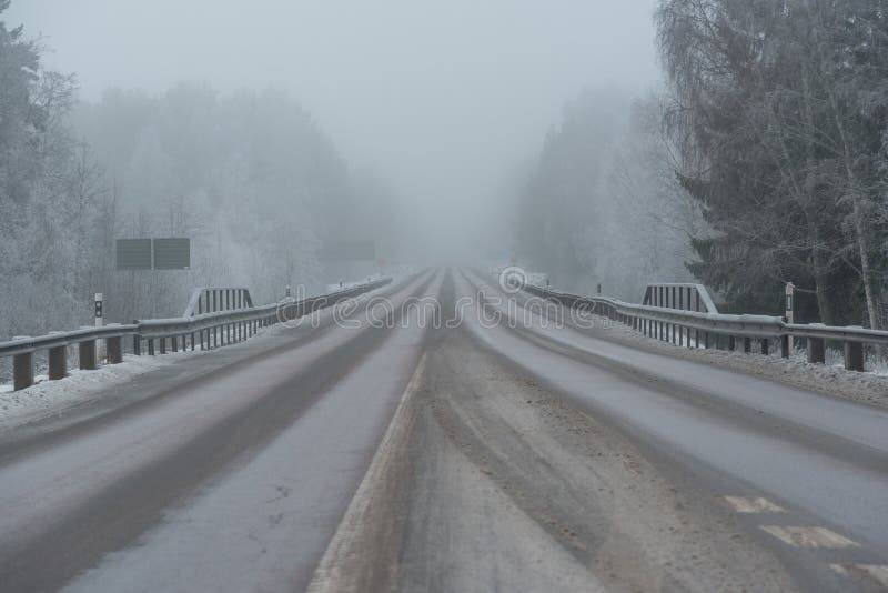 Winter Road with Poor Visibility in Sweden Stock Image - Image of ...