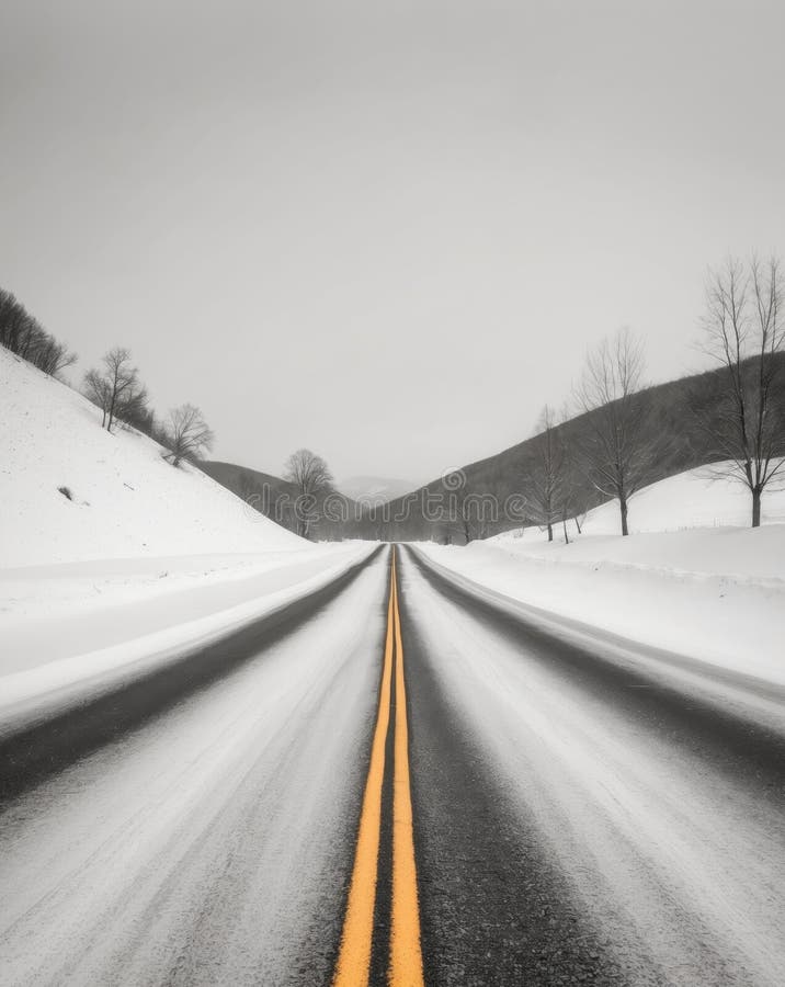 Winter Road Scene Snowy Asphalts and Yellow Line Stock Photo - Image of ...