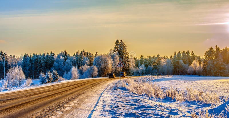 Winter Rural Road and Trees in Snow Stock Image - Image of nature ...