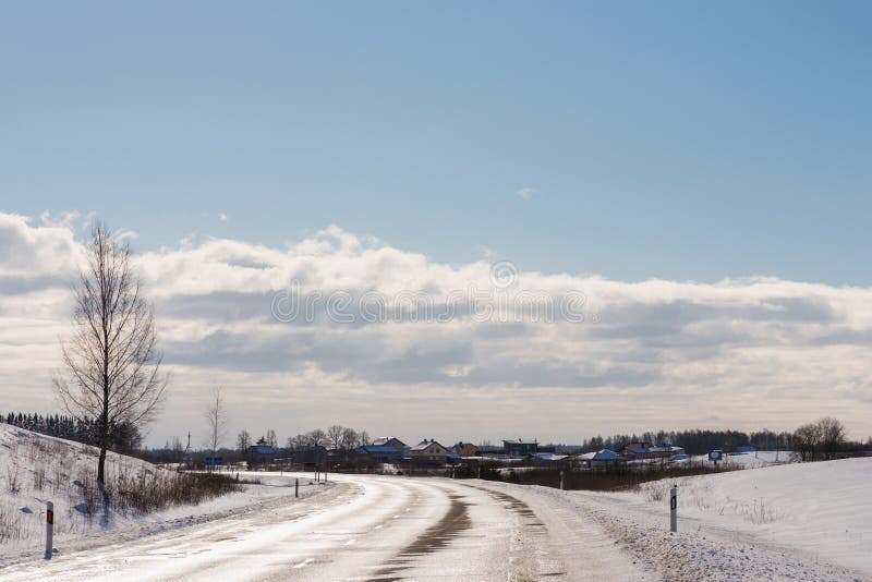 Winter Road Under Blue Sky White Clouds.Rural Road Asphalt Stock Photo ...