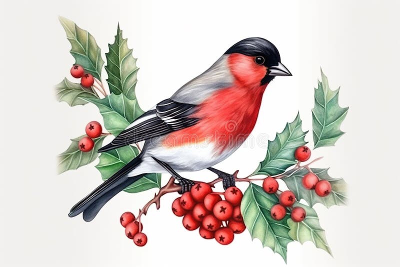 Winter Robin on Red Berry Twigs in Winter, AI Generative Stock ...