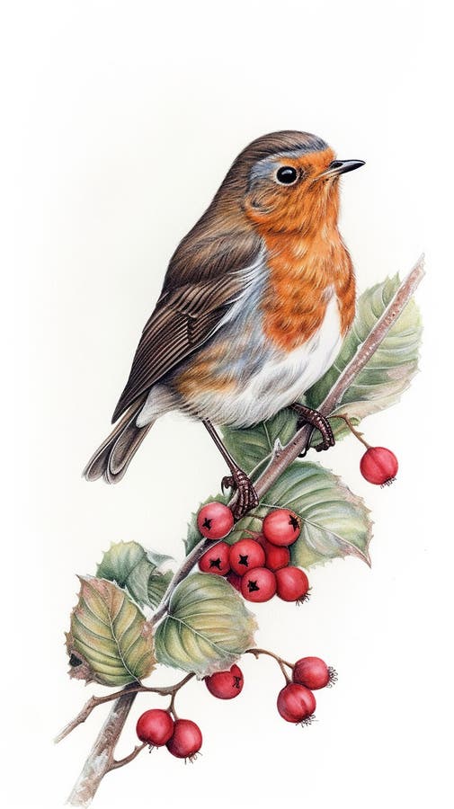 Winter Robin on Red Berry Twigs in Winter, AI Generative Stock ...