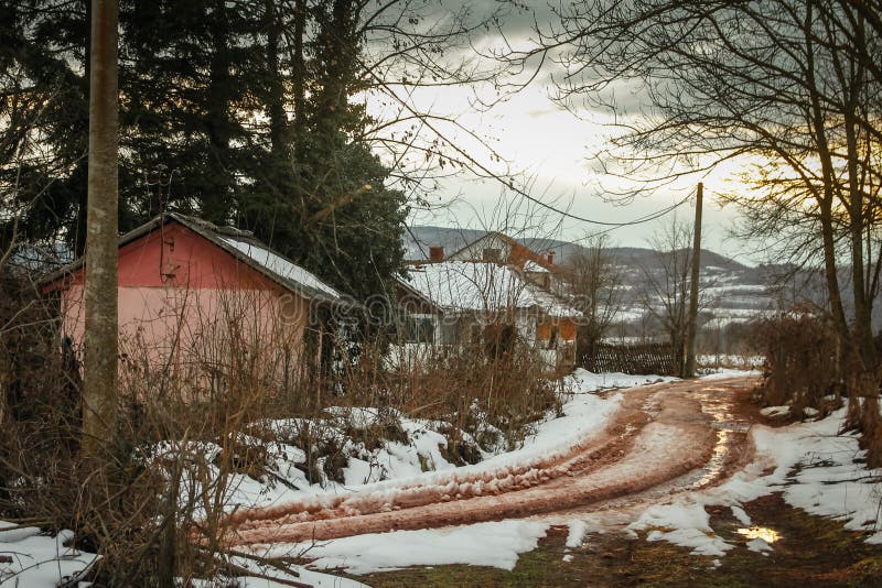 Winter Rural Scene at Sunset with Bits of Snow Stock Image - Image of ...