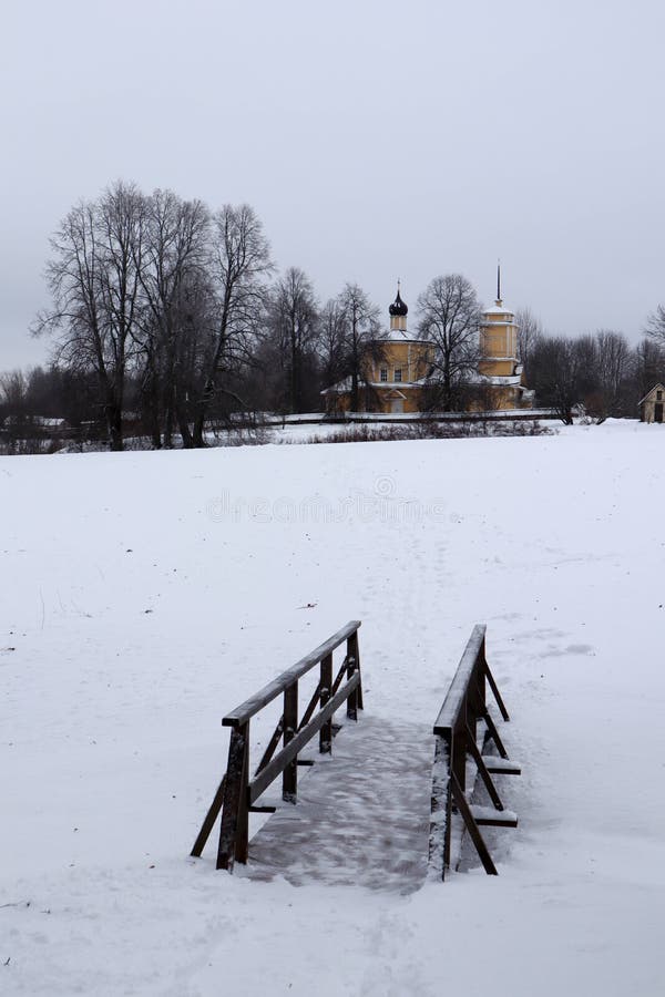 Winter Russian Landscape with the Snow Covered Church on Background ...