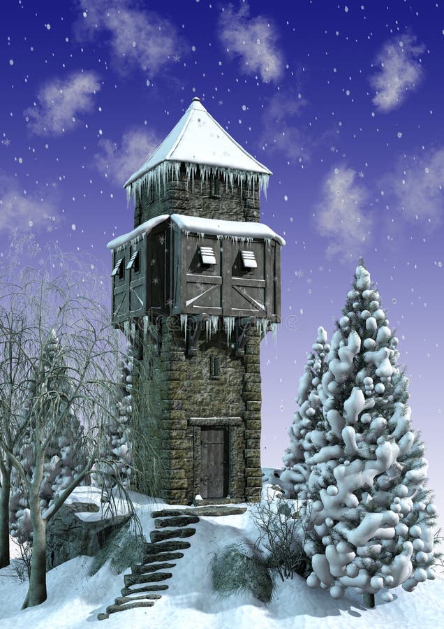 Winter Scenario with an Overlook, Trees, and Snow. Stock Illustration ...