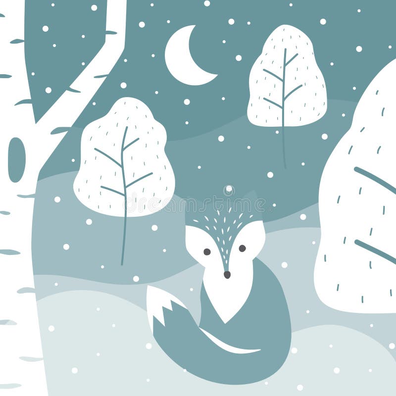 Winter Scene with Arctic Fox and Trees Stock Vector - Illustration of ...