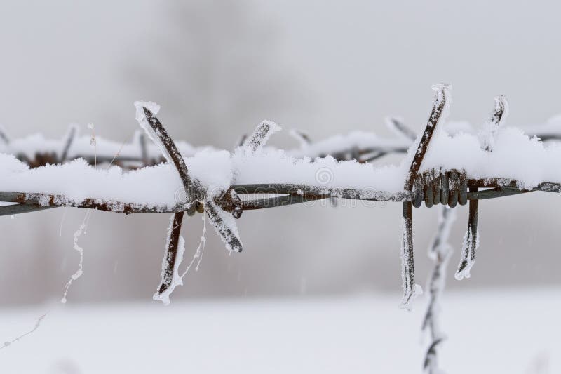 Winter Scene of Barbed Wire with Snow and Ice Stock Photo - Image of ...
