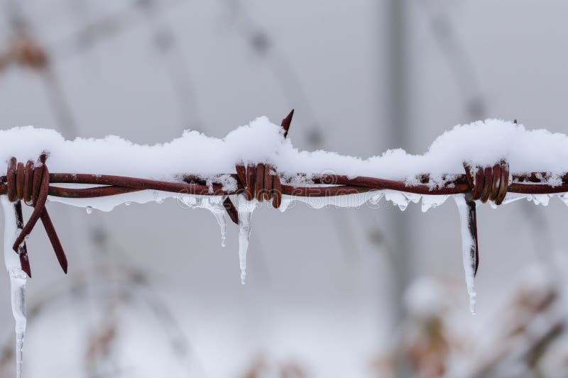 Winter Scene of Barbed Wire with Snow and Ice Stock Image - Image of ...