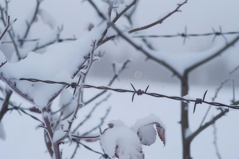 Winter Scene of Barbed Wire with Snow and Ice Stock Image - Image of ...