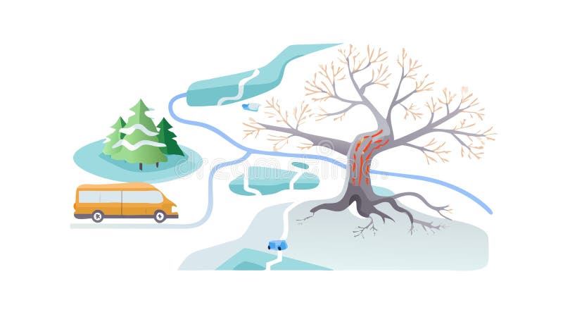 A Winter Scene with a Bare Tree and a School Bus on a Snowy Road ...