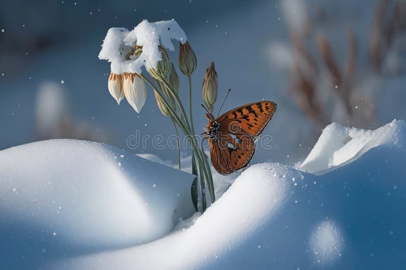 Winter Scene, with Butterfly Perched on Snow-covered Flower Stock Photo ...